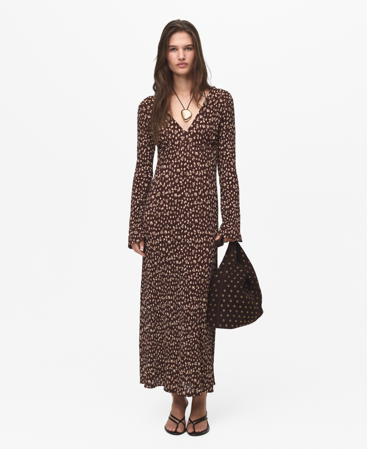 Click here for Mango Womens Printed V-Neck Dress - Brown prices
