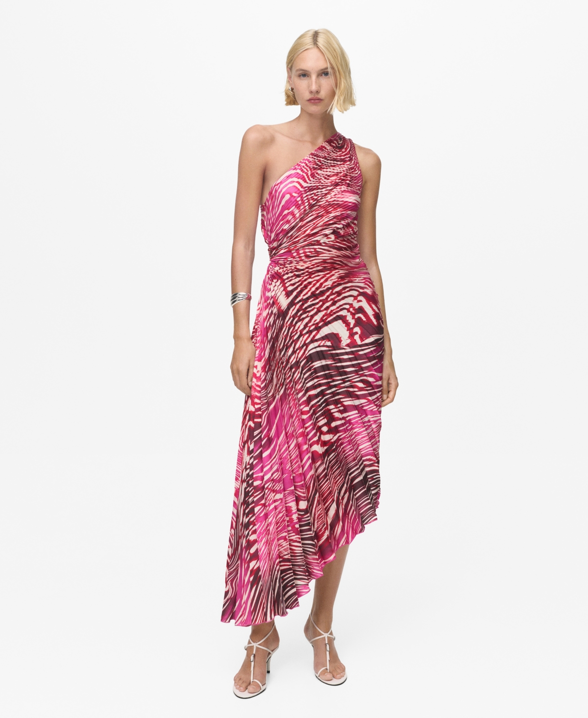 Mango Womens Slit Detail Asymmetrical Pleated Dress - Fuchsia