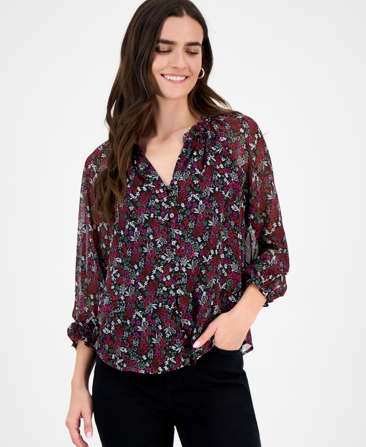 Click here for Style & Co Womens Floral Ruffled Split-Neck Top  M... prices