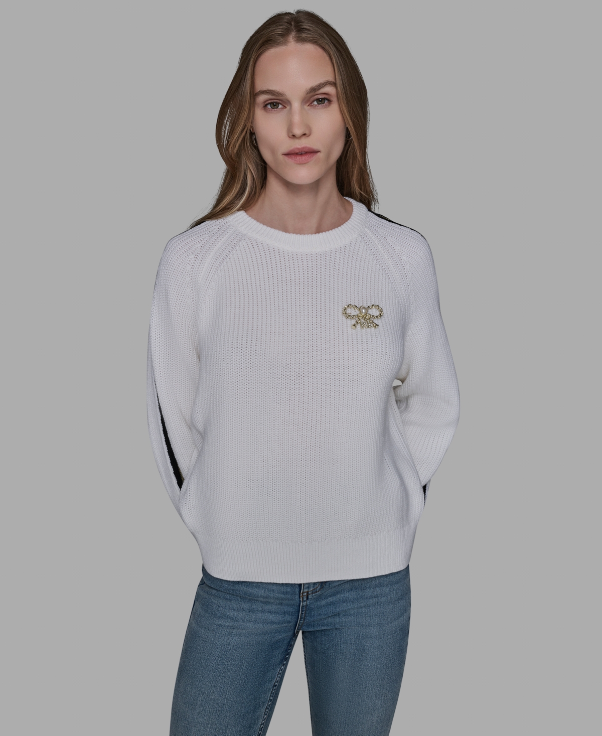Karl Lagerfeld Paris Womens Crewneck Sweater - Soft White/ Black
