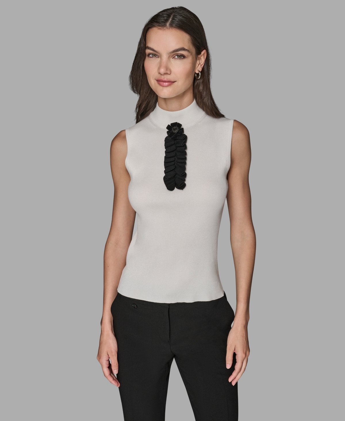 Karl Lagerfeld Paris Womens Sleeveless Mock Neck Sweater - Soft White/Black