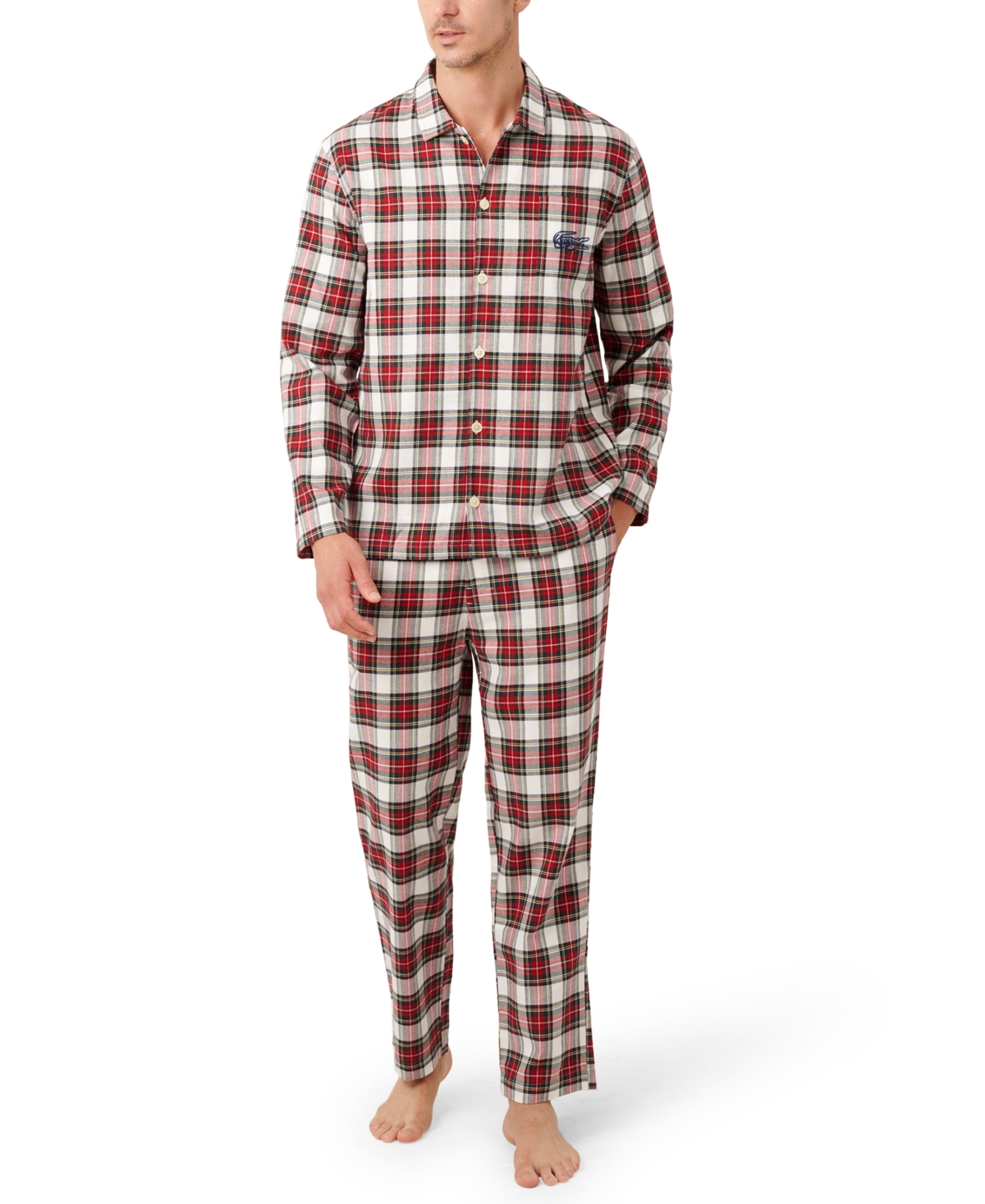 Lacoste Mens 2-Piece Flannel Crewneck Top and Pajama Set - Ladybird/Multi