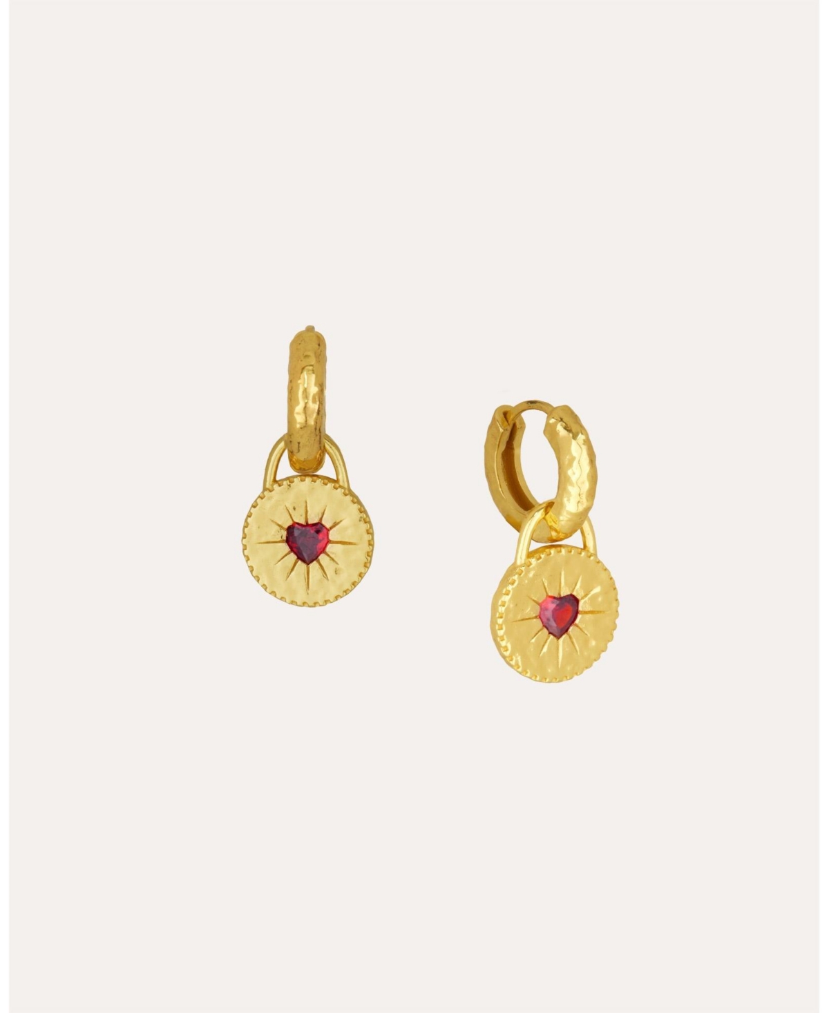 Click here for Ottoman Hands Garnet Heart Huggie Earrings - Gold prices