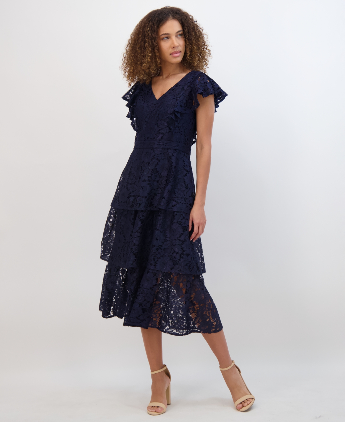 Click here for kensie Womens Tiered Lace Midi Dress - Navy prices