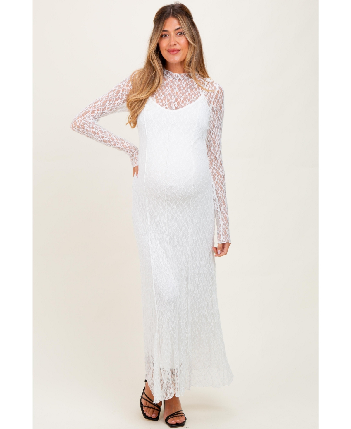 Click here for Pinkblush Maternity White Lace Mock Neck Long Slee... prices