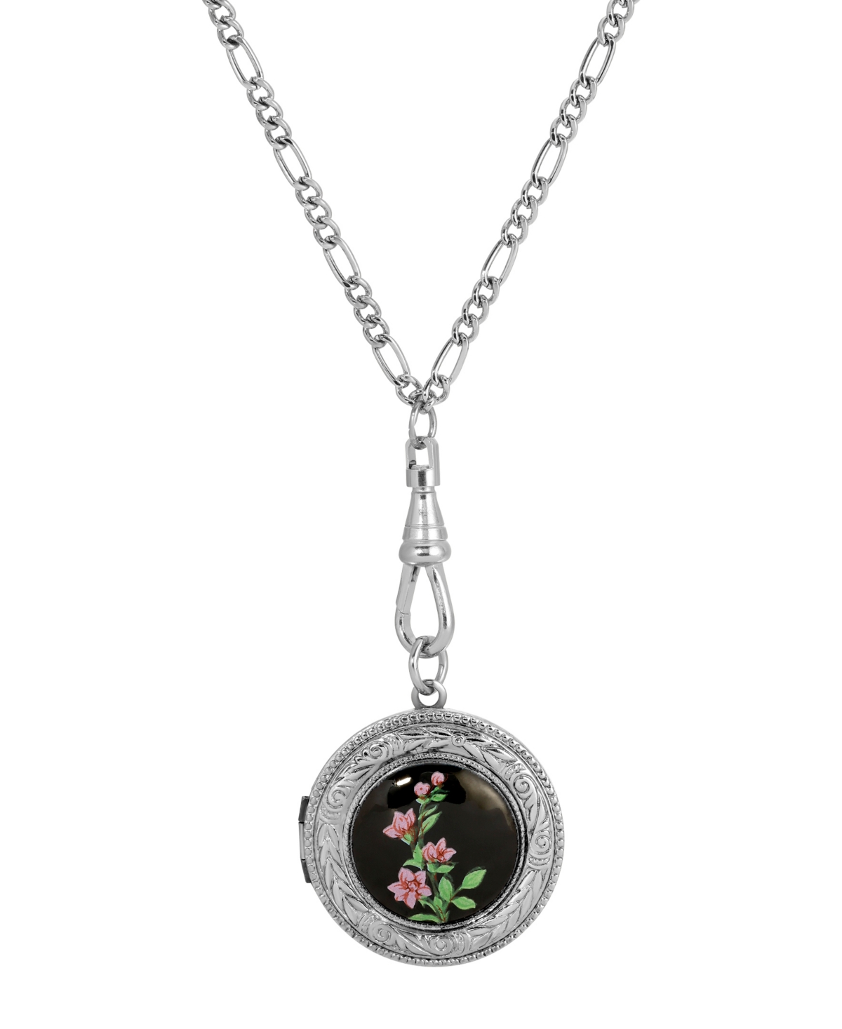 Click here for 2028 Black Floral Decal Locket Necklace - Black prices