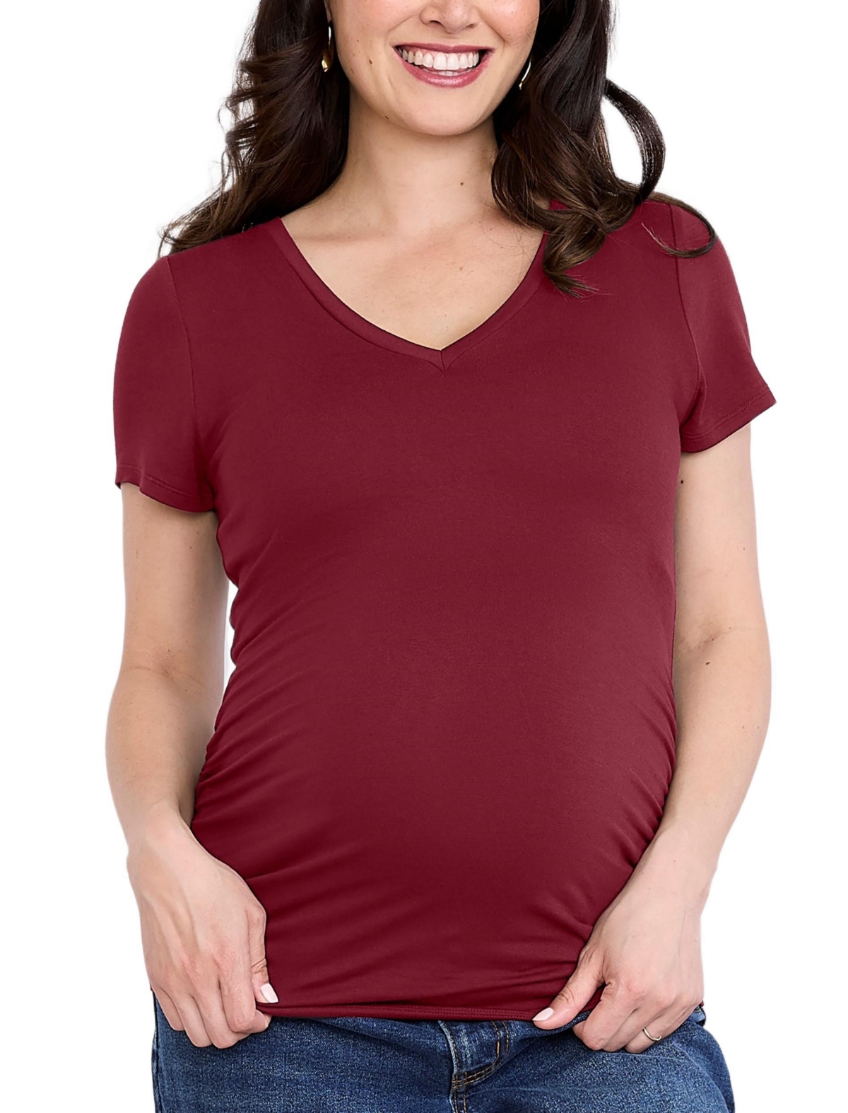 Click here for Motherhood Maternity Maternity V-Neck Side-Ruched... prices