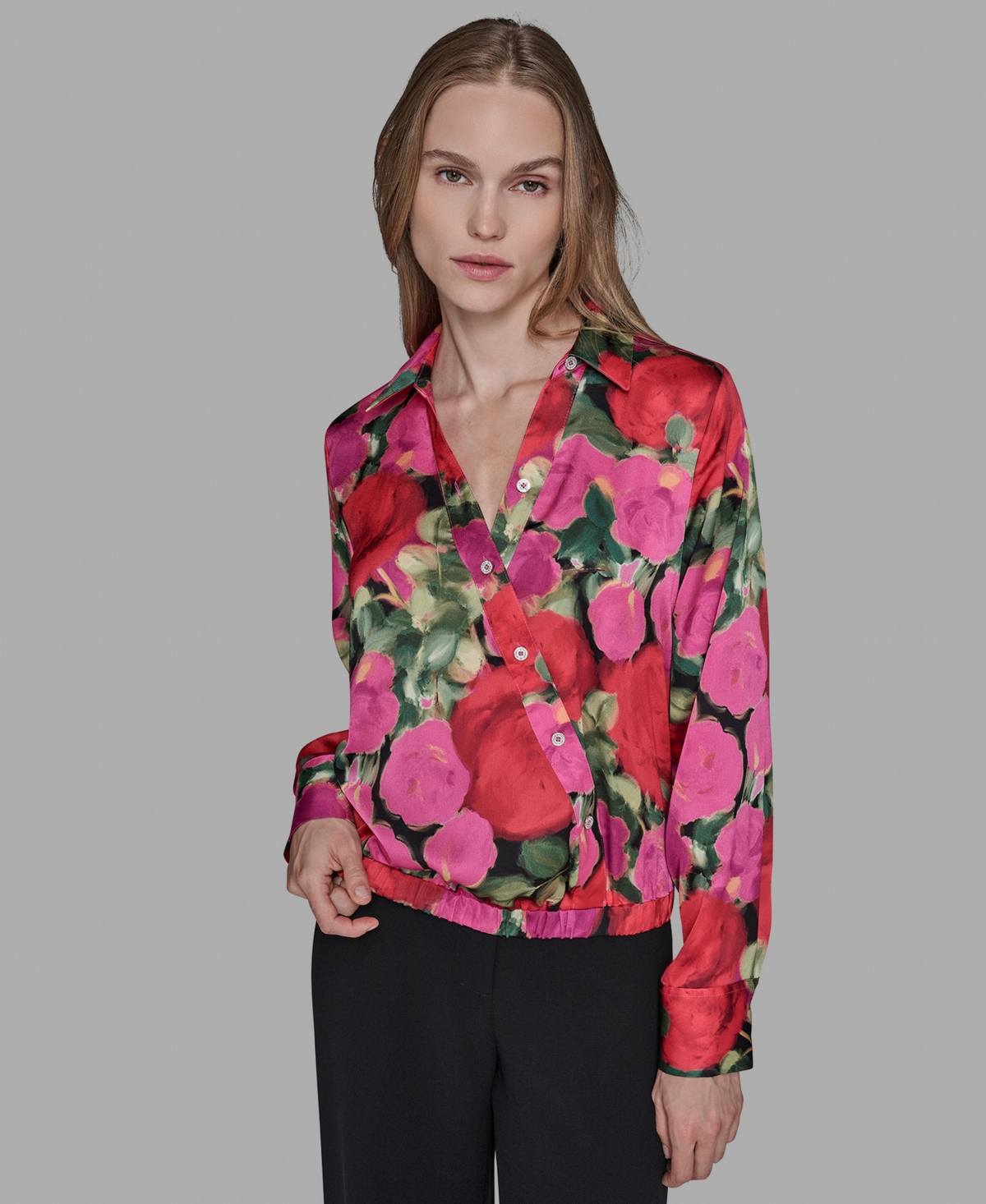 Karl Lagerfeld Paris Womens V-Neck Floral Print Top - Red/pink