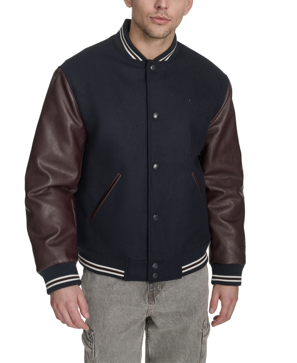 Click here for Champion Mens Mixed Media Varsity Jacket - Navy/Bu... prices