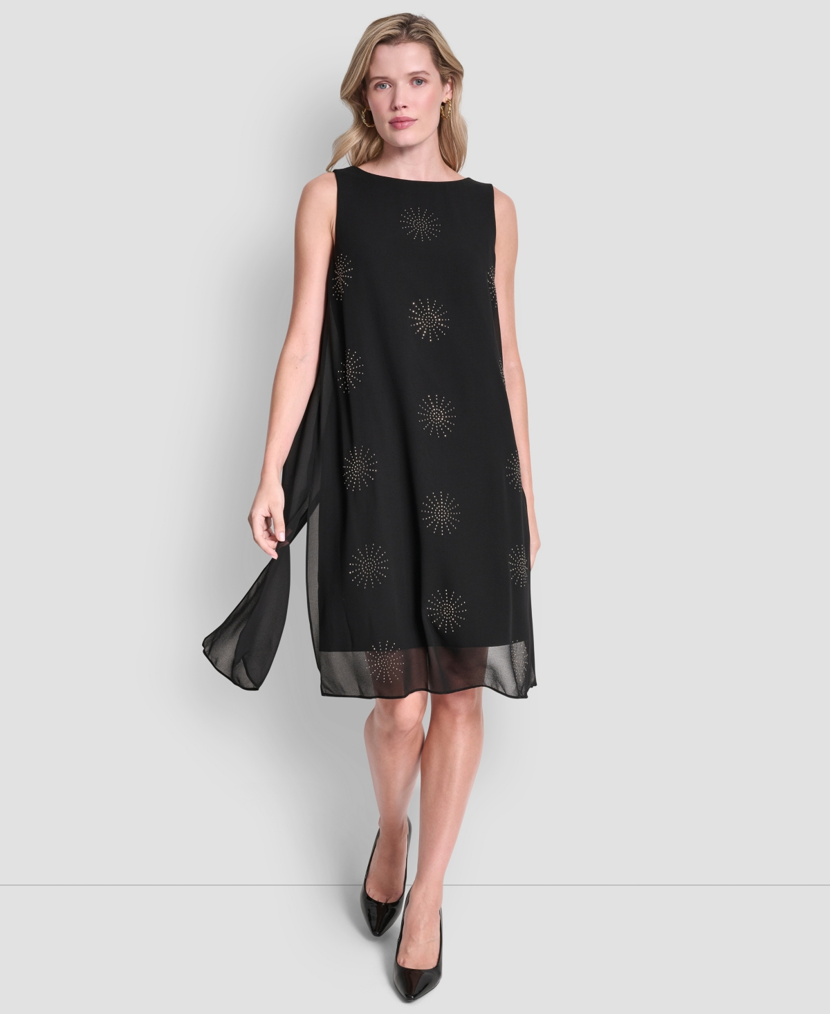 Click here for Dkny Womens Sleeveless Hotfix Overlay Dress - Blac... prices