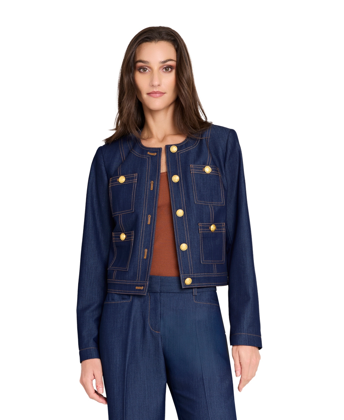 Click here for Tahari Asl Womens Denim Cropped Long Sleeve Jacket... prices