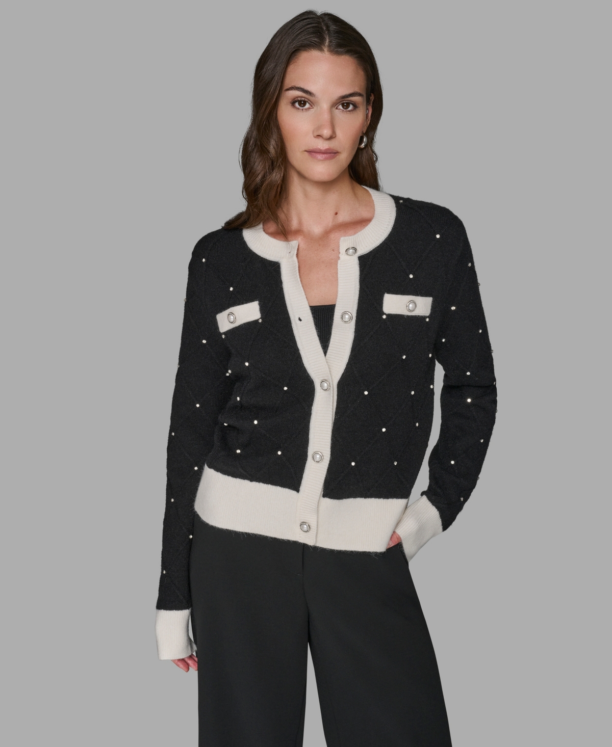 Click here for Karl Lagerfeld Paris Womens Crew Neck Front-Button... prices