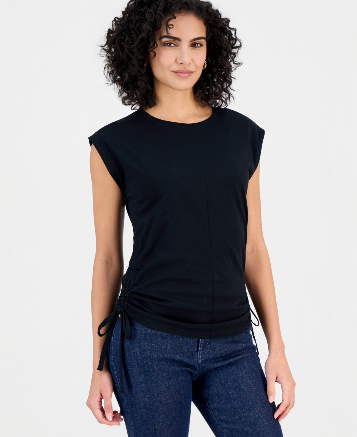 I.n.c. International Concepts Womens Cap-Sleeve Drawstring-Hem Cotton T-Shirt - Deep Black