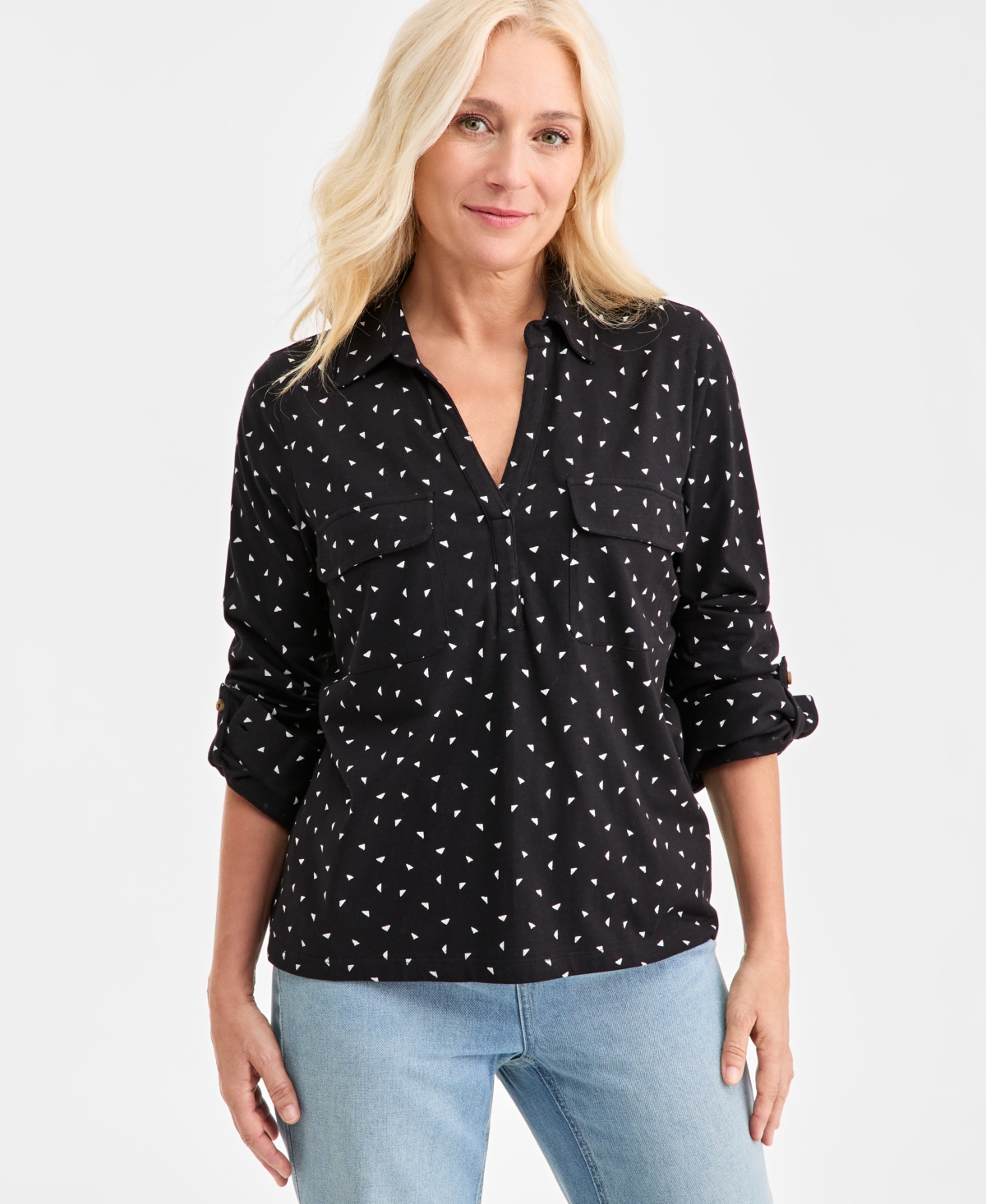 Click here for Style & Co Womens Printed Split-Neck Tab-Sleeve To... prices