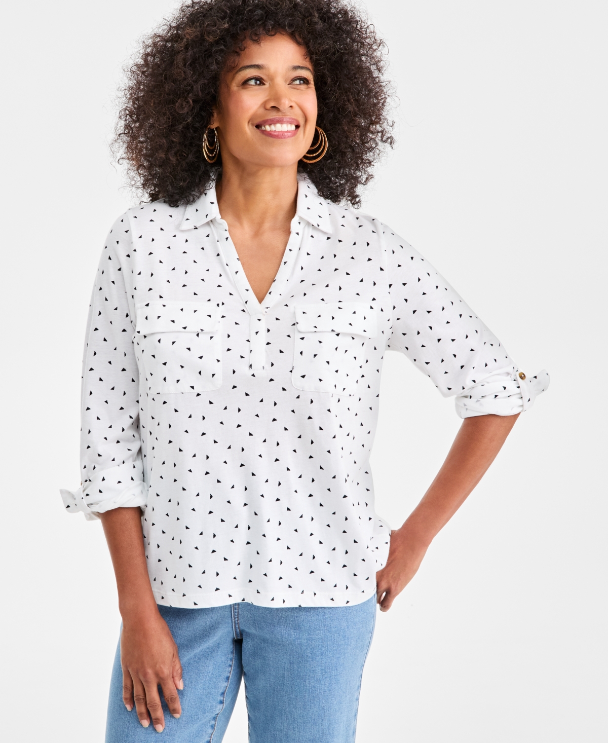 Click here for Style & Co Womens Printed Split-Neck Tab-Sleeve To... prices