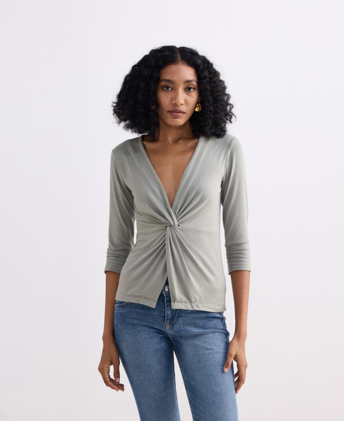 Click here for Reistor Womens Twist Front Knit Shirt in Light Oli... prices