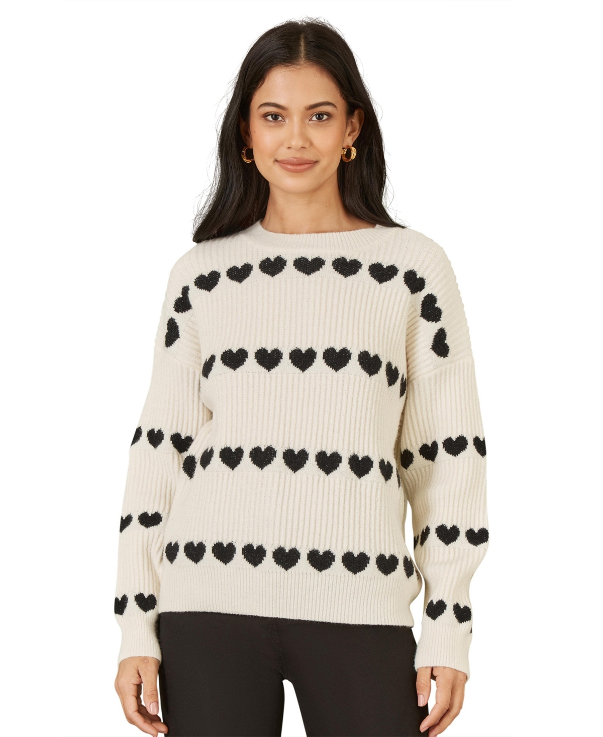 Click here for Yumi Womens Knitted Heart Stripes Sweater - Ivory prices