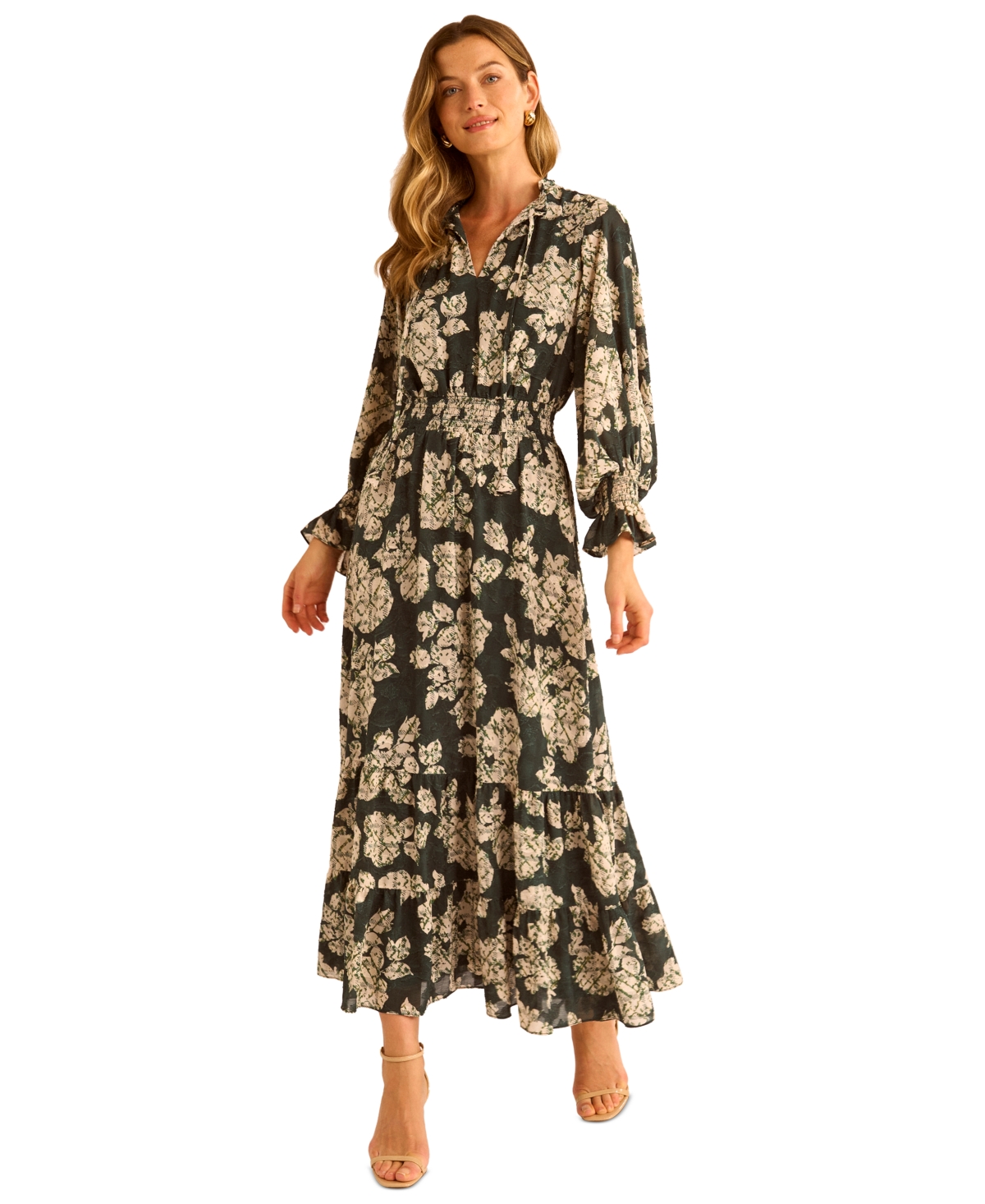 Vince Camuto Womens Long-Sleeve Smocked-Waist Tiered Dress - Forest Night