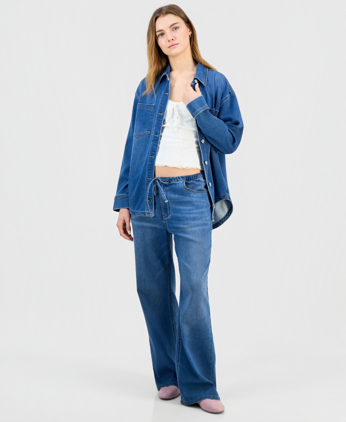 Click here for Indigo Rein Juniors Med Knit Denim Wide-Leg Jeans... prices