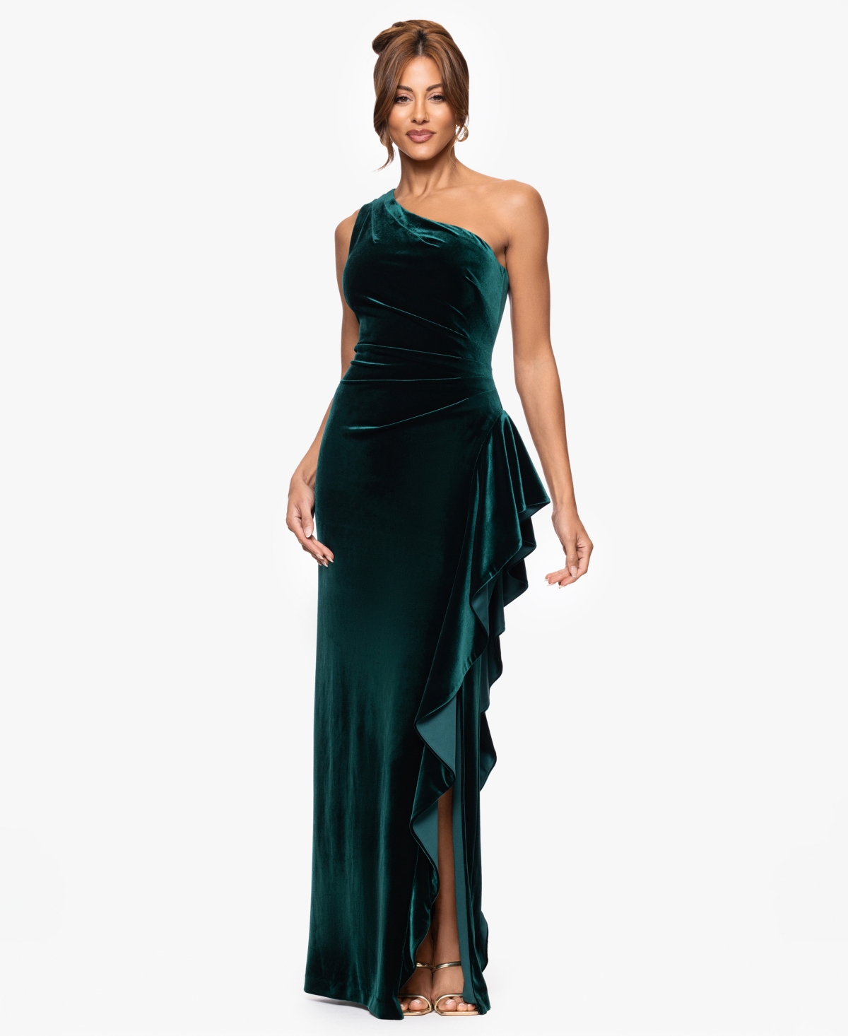 Click here for Xscape Petite Long Velvet Off-The-Shoulder Dress -... prices