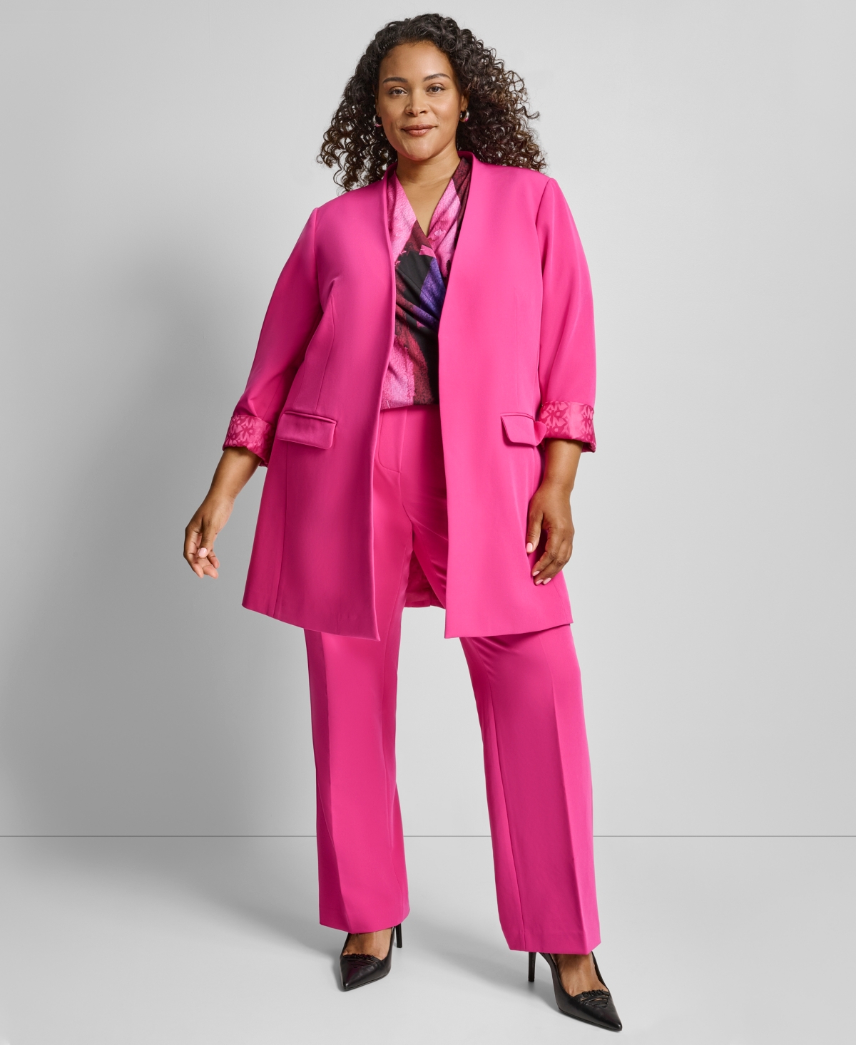 Click here for Dkny Plus Size Open Front Collarless Jacket - Fuch... prices