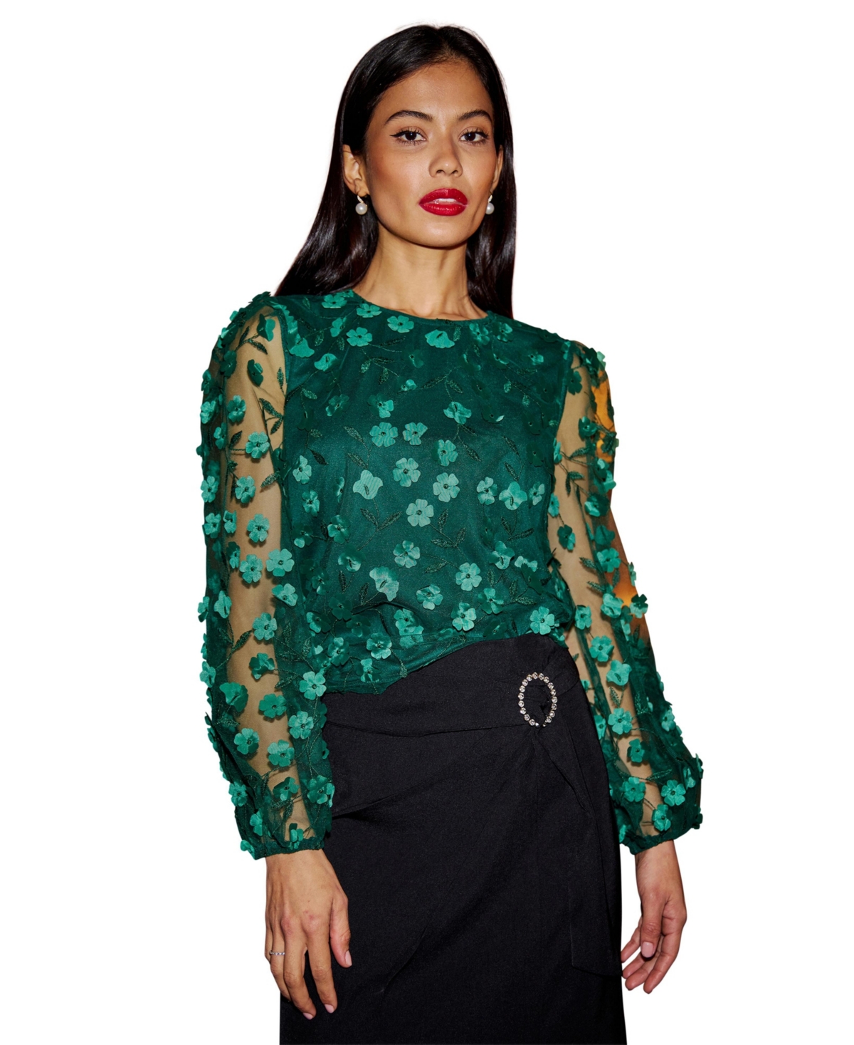 Click here for Yumi Womens Long Sleeve Sheer Floral Top - Green prices