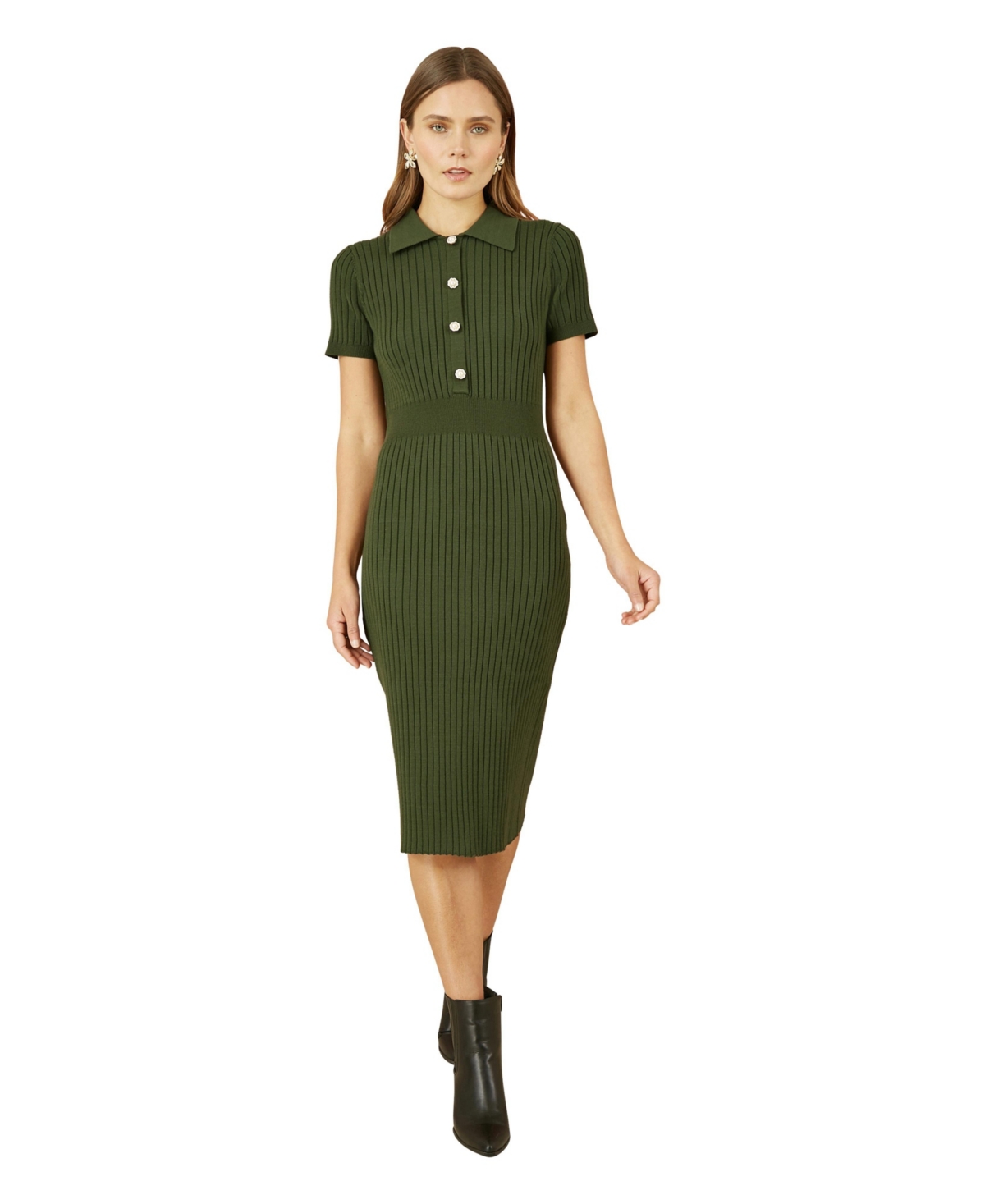 Click here for Yumi Womens Fitted Rib Knitted Midi Dress - Green prices