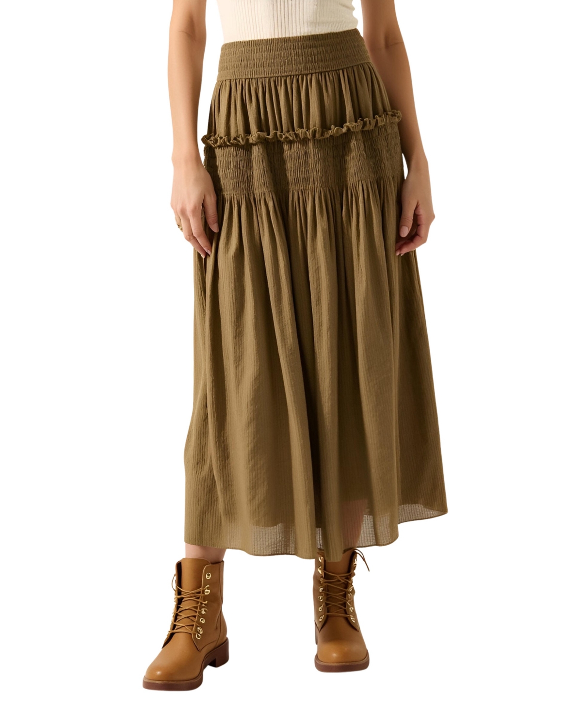 Modenaire Womens Smocked Tiered Ruffle-Trim Maxi Skirt - Olive green