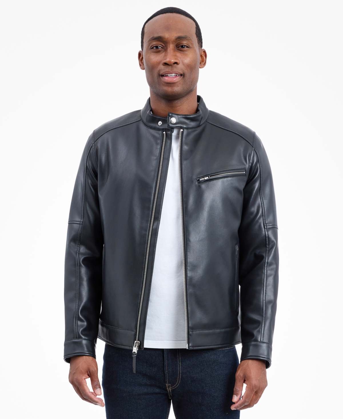 Click here for Michael Kors Mens Faux Leather Moto Jacket - Black prices