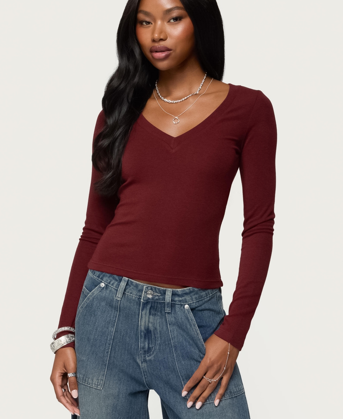 Click here for Edikted Womens Larna V Neck Ribbed T Shirt - Burgu... prices