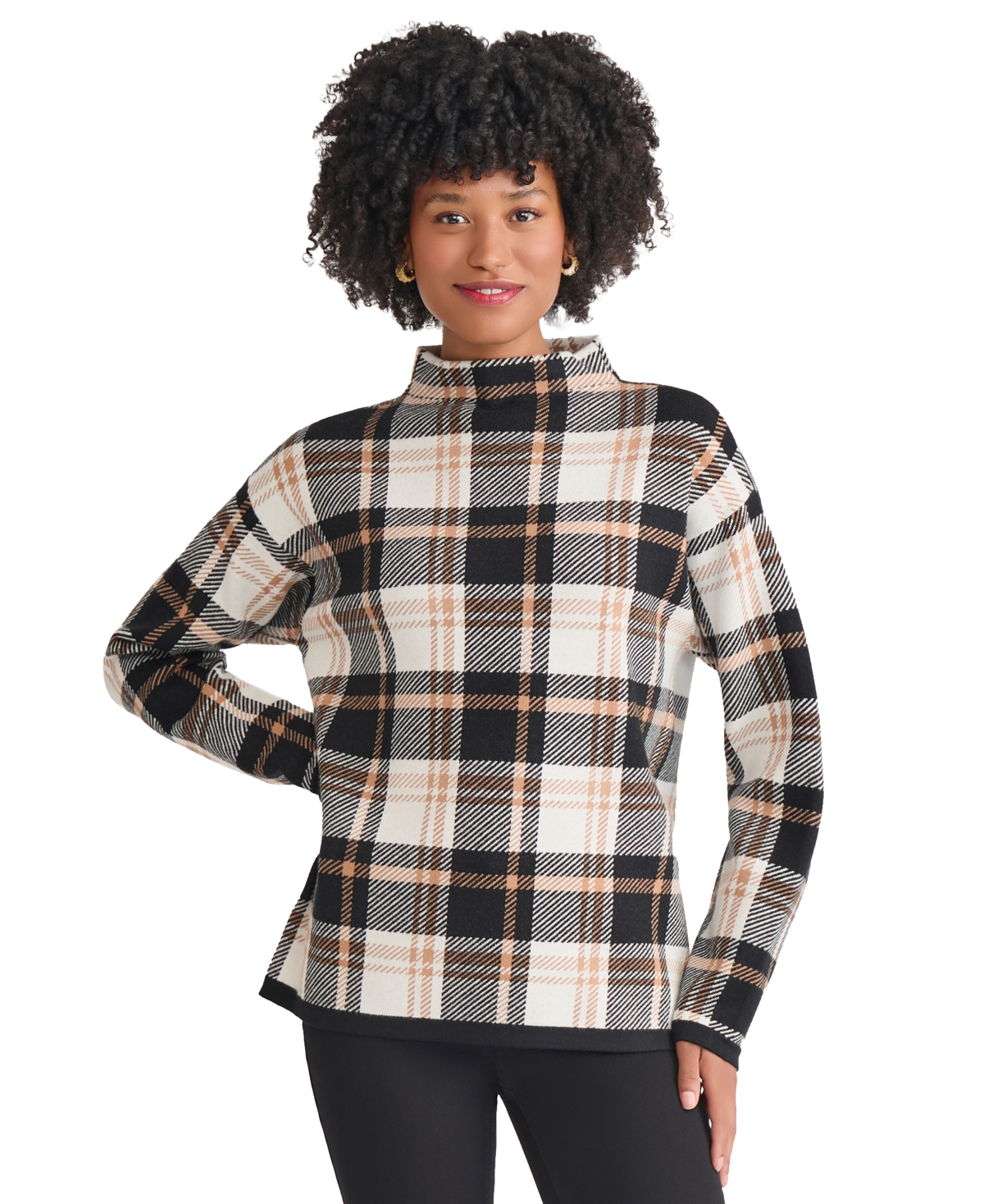 Click here for Jones New York Womens Birdseye Plaid Funnel Mock N... prices
