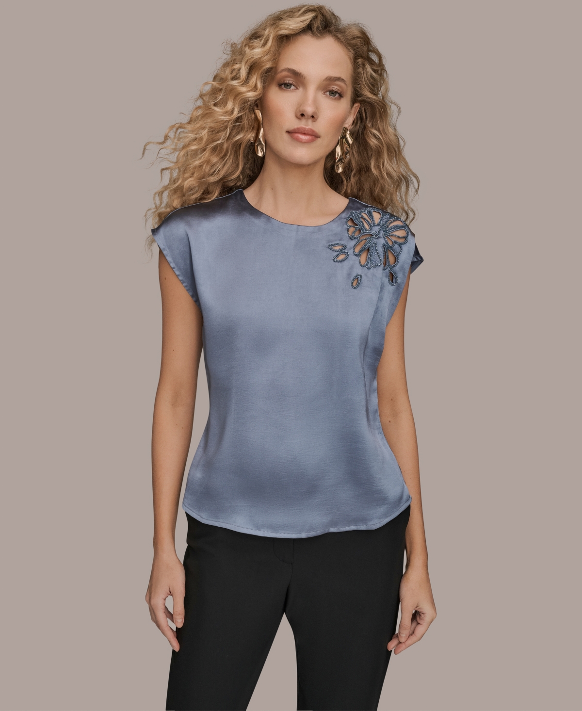 Donna Karan New York Womens Embroidered Cap Sleeve Crewneck Top - Tempest