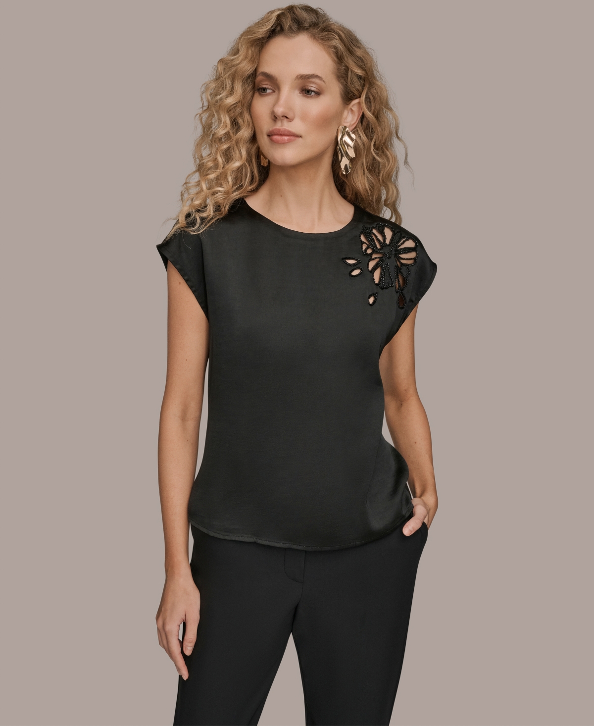 Donna Karan New York Womens Embroidered Cap Sleeve Crewneck Top - Black