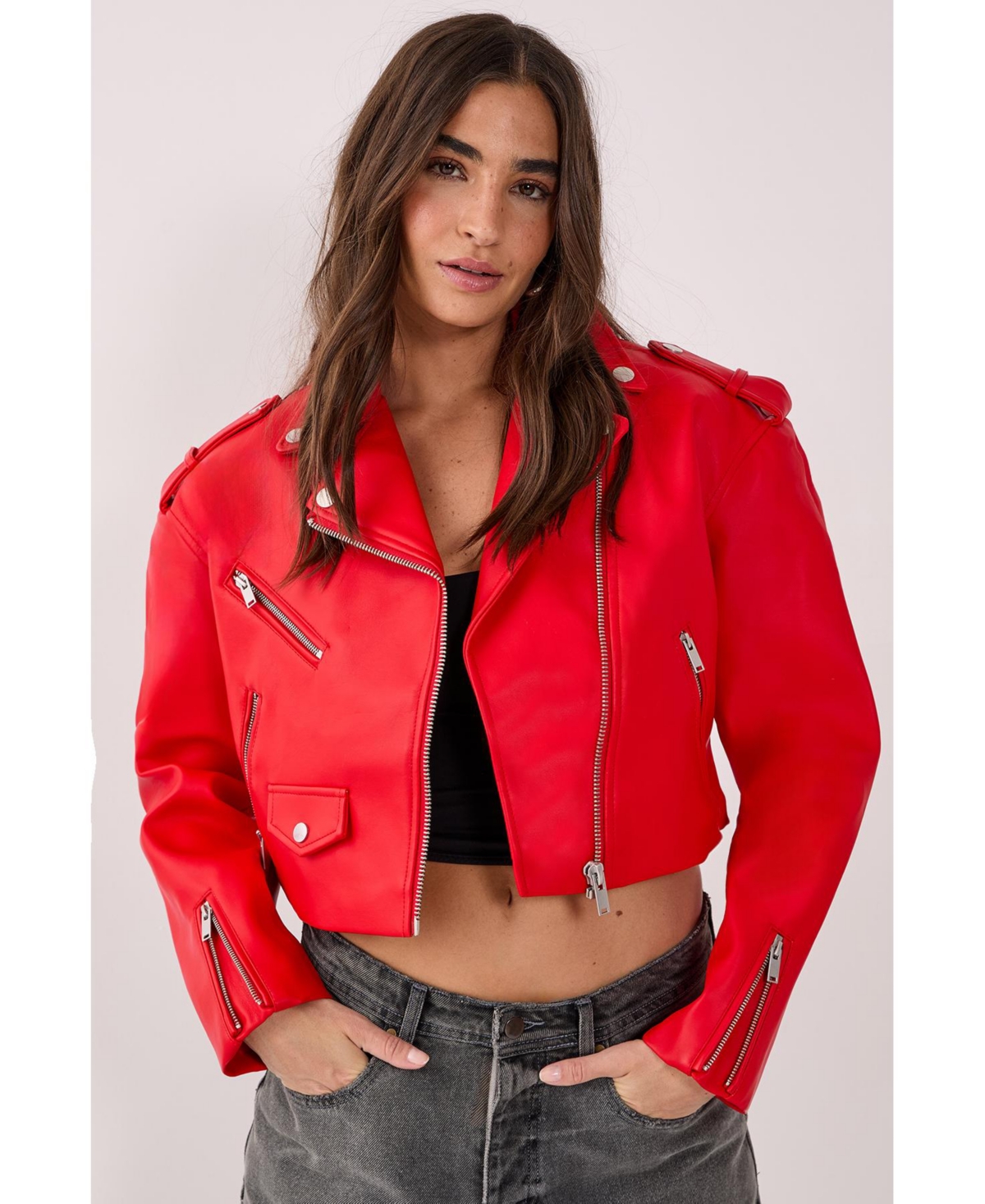 Click here for Nasty Gal Faux Leather Boxy Biker - Red prices