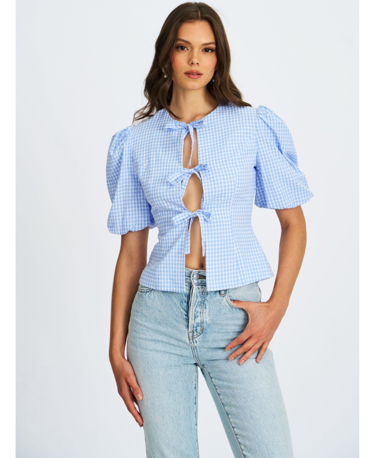 Click here for Miss Circle Womens Qusayla Baby Blue Gingham Bubbl... prices