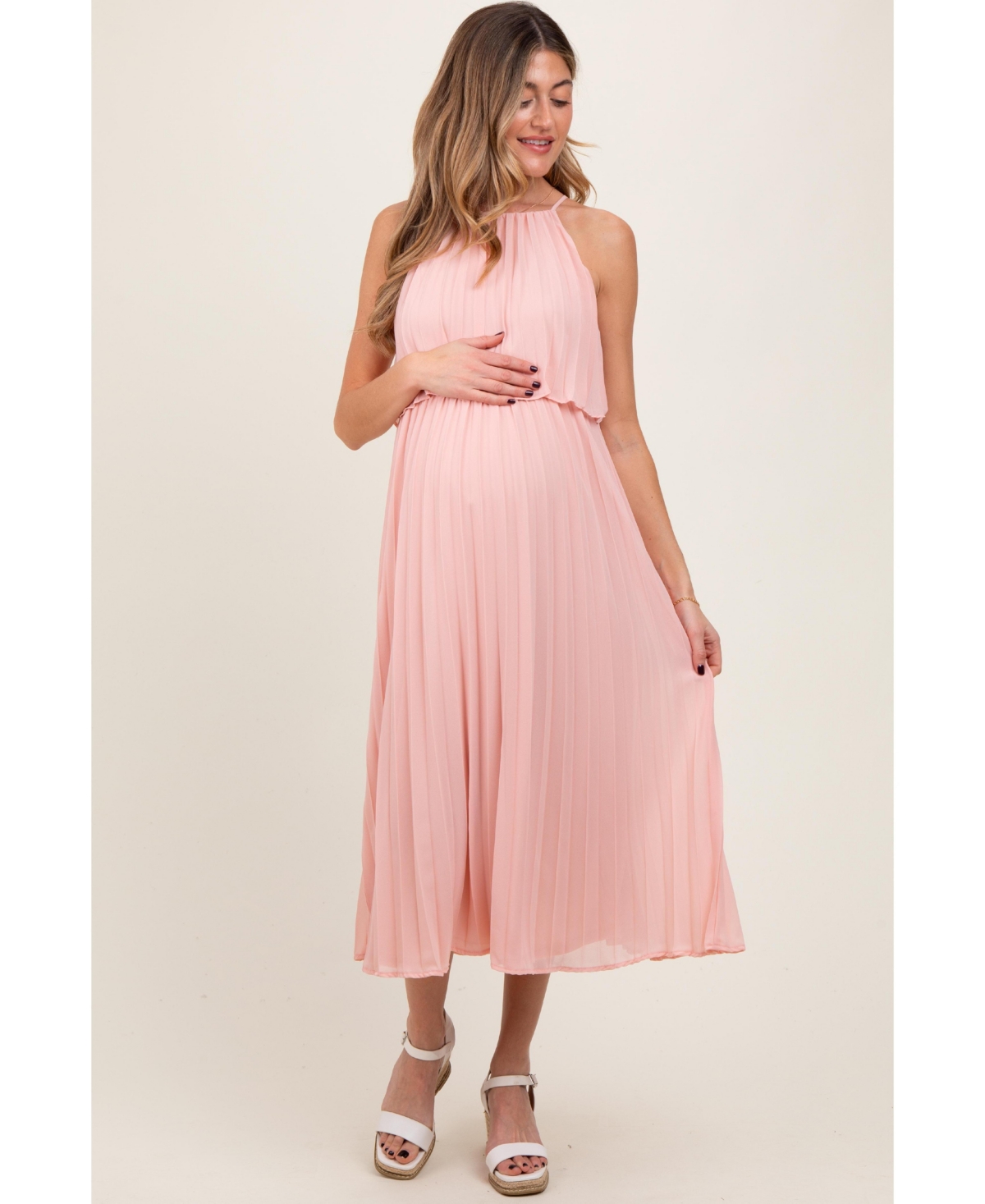 Click here for Pinkblush Pink Pleated Woven Maternity Midi Dress... prices
