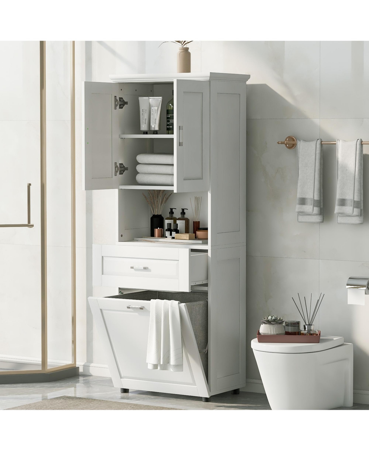 Click here for Casainc Tall Bathroom Cabinet with Laundry Basket... prices