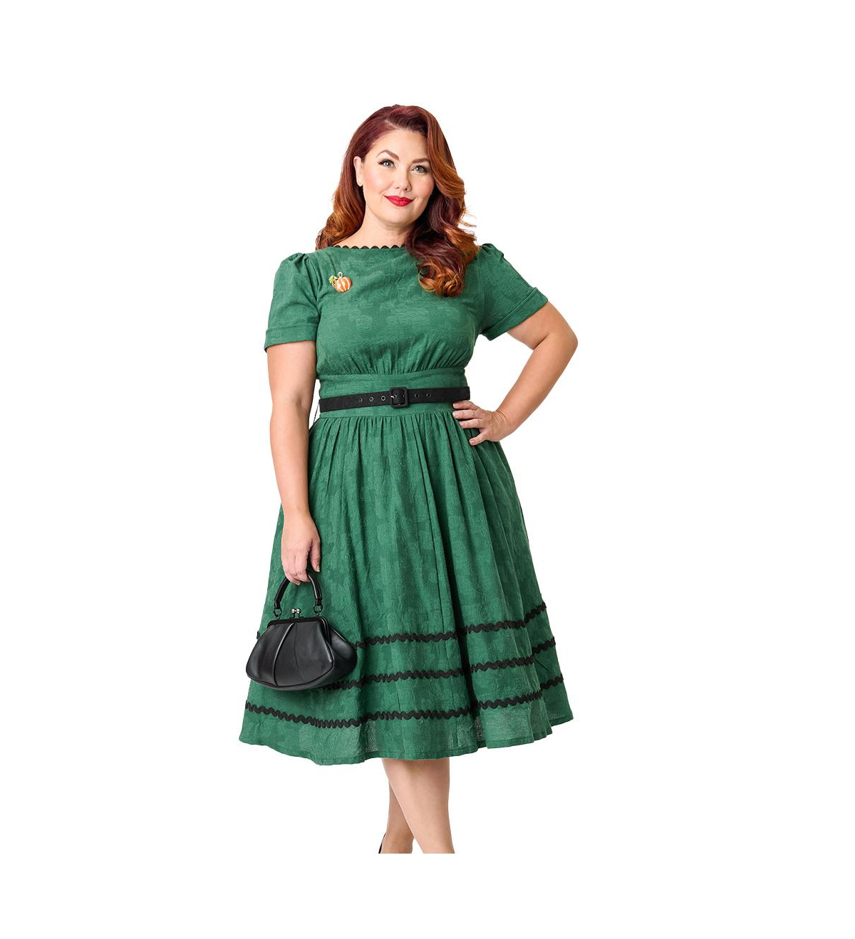 Unique Vintage Plus Size Boatneck Ricrac Swing Dress - Emerald
