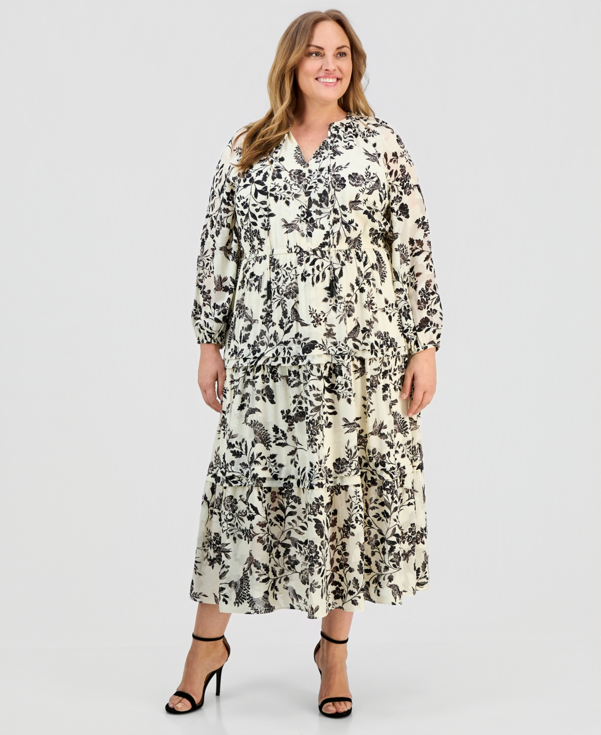 Click here for Anne Klein Plus Size Printed Tie-Neck Tiered Maxi... prices