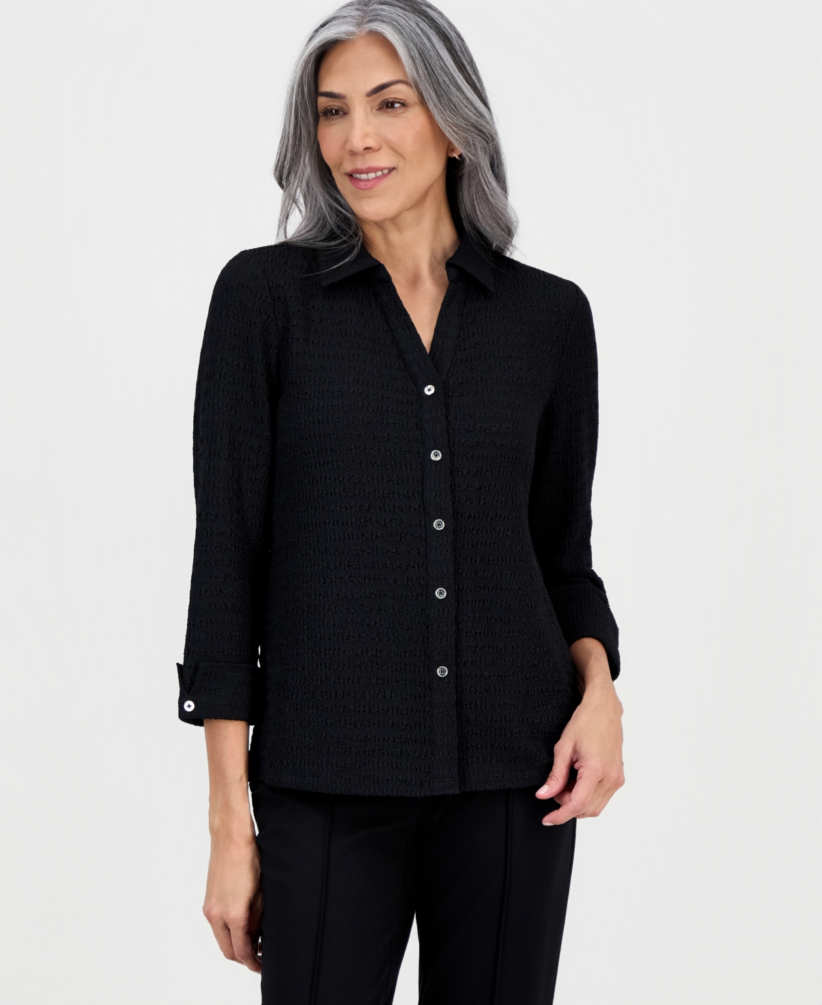 Click here for 3Q Button Frt Top With Split Cuff - Black prices