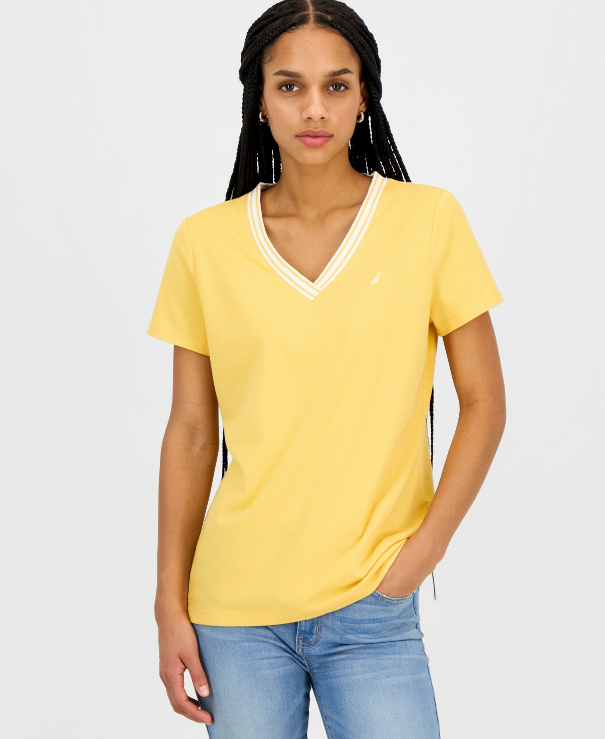 Click here for Nautica Jeans Womens Solid Stripe-Trim V-Neck - De... prices