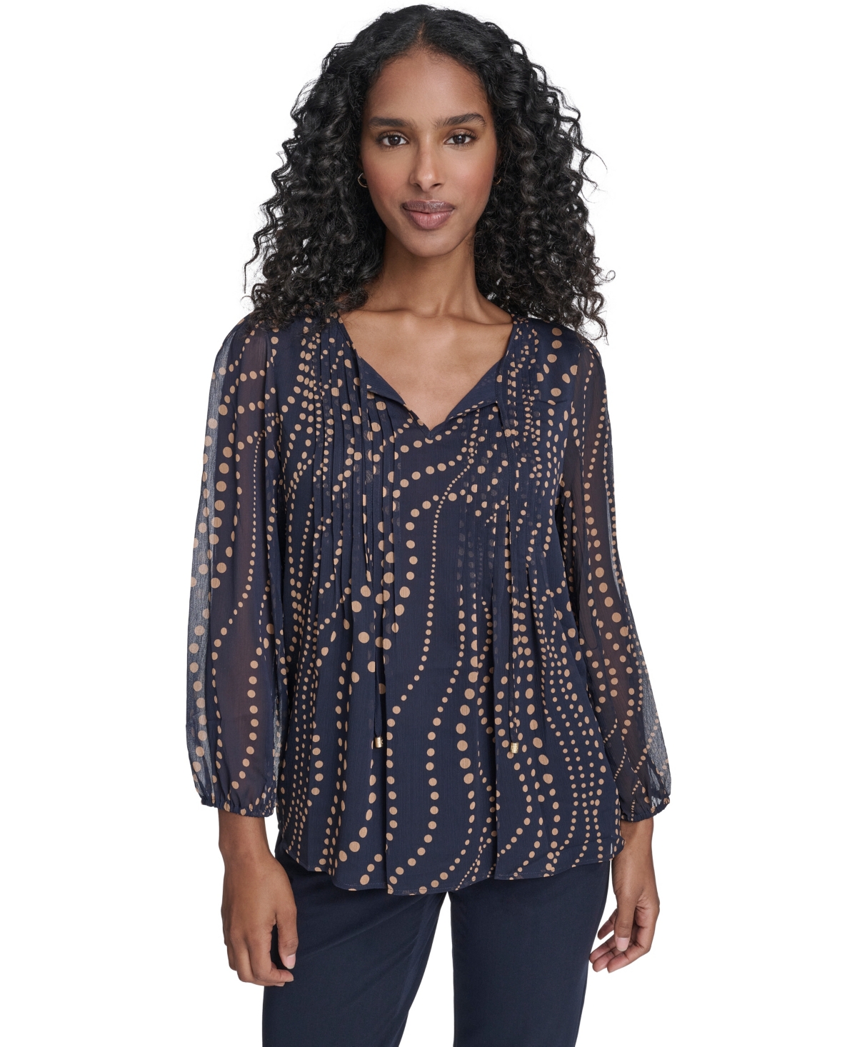 Tommy Hilfiger Womens Cascade Dot Pintuck Long Sleeve Blouse - Midnight/ Brown Sugar