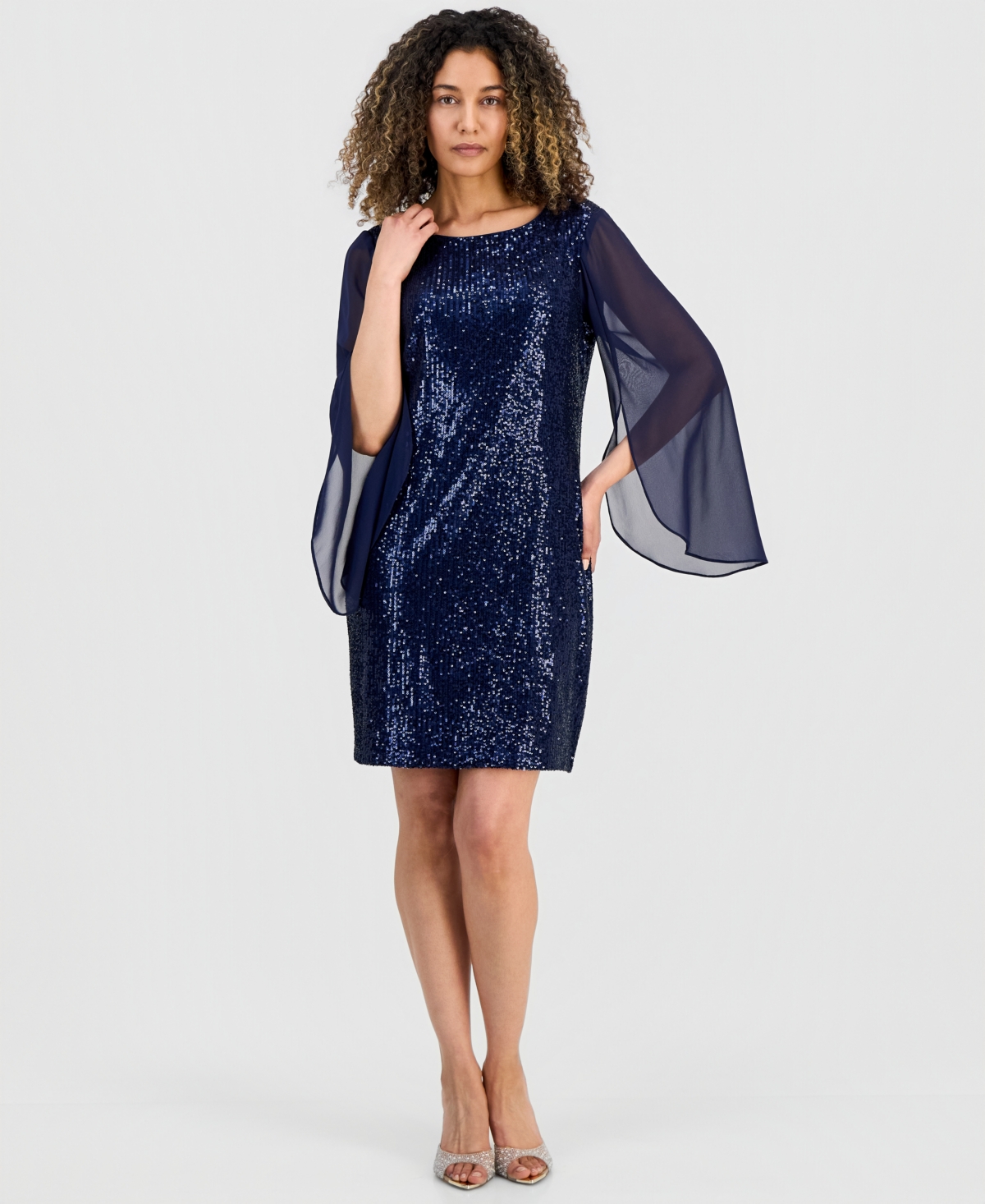 Click here for Connected Womens Sequinned Cape-Sleeve Dress - Nav... prices