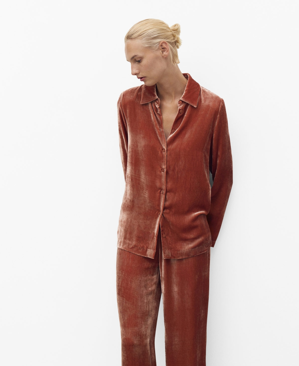 Click here for Mango Womens Silk Velvet Shirt - Burnt Orange prices