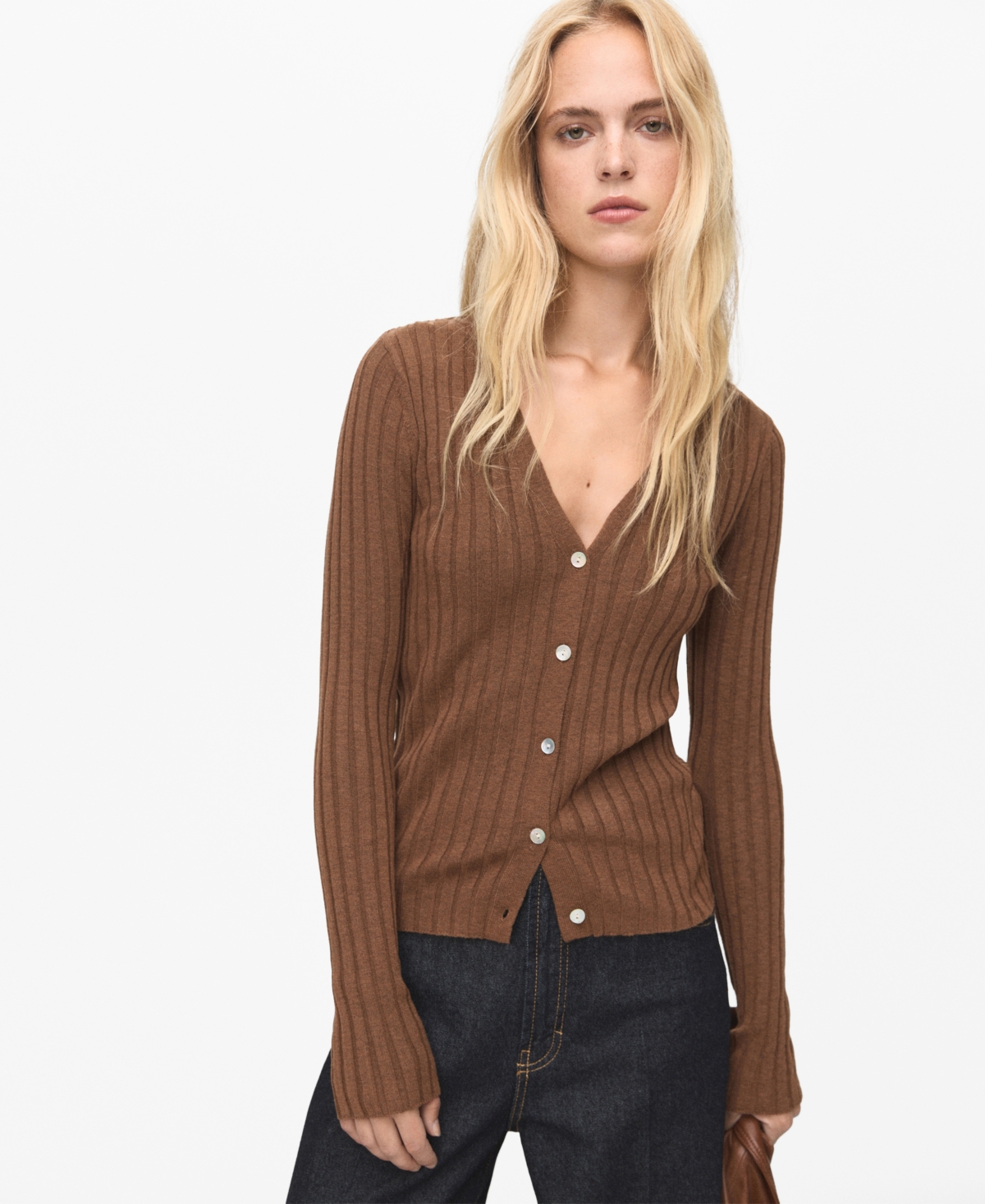 Click here for Mango Womens Fine Rib Knit Cardigan - Chocolate prices