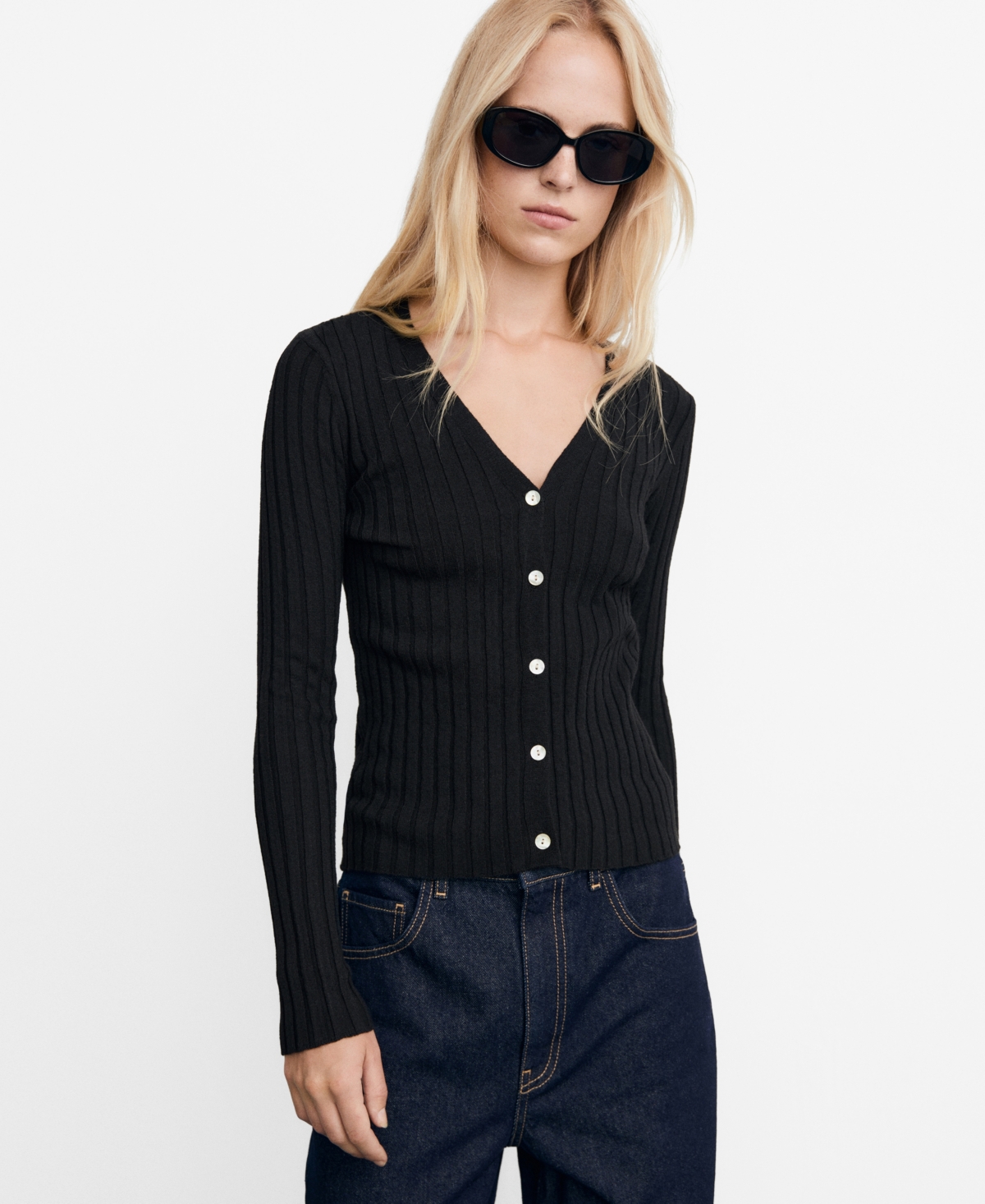 Click here for Mango Womens Fine Rib Knit Cardigan - Black prices