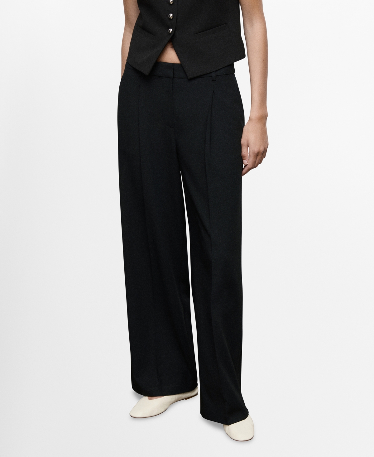 Mango Womens Pleated Wide Leg Pants - Black