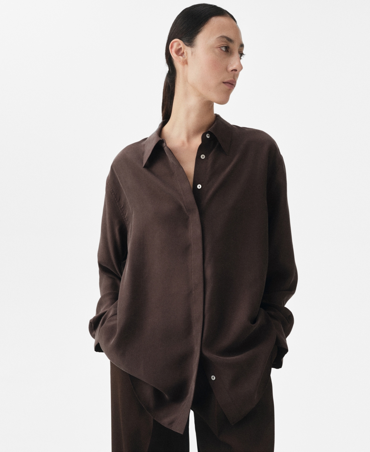 Click here for Mango Womens Silk Oversized Shirt - Chocolate prices