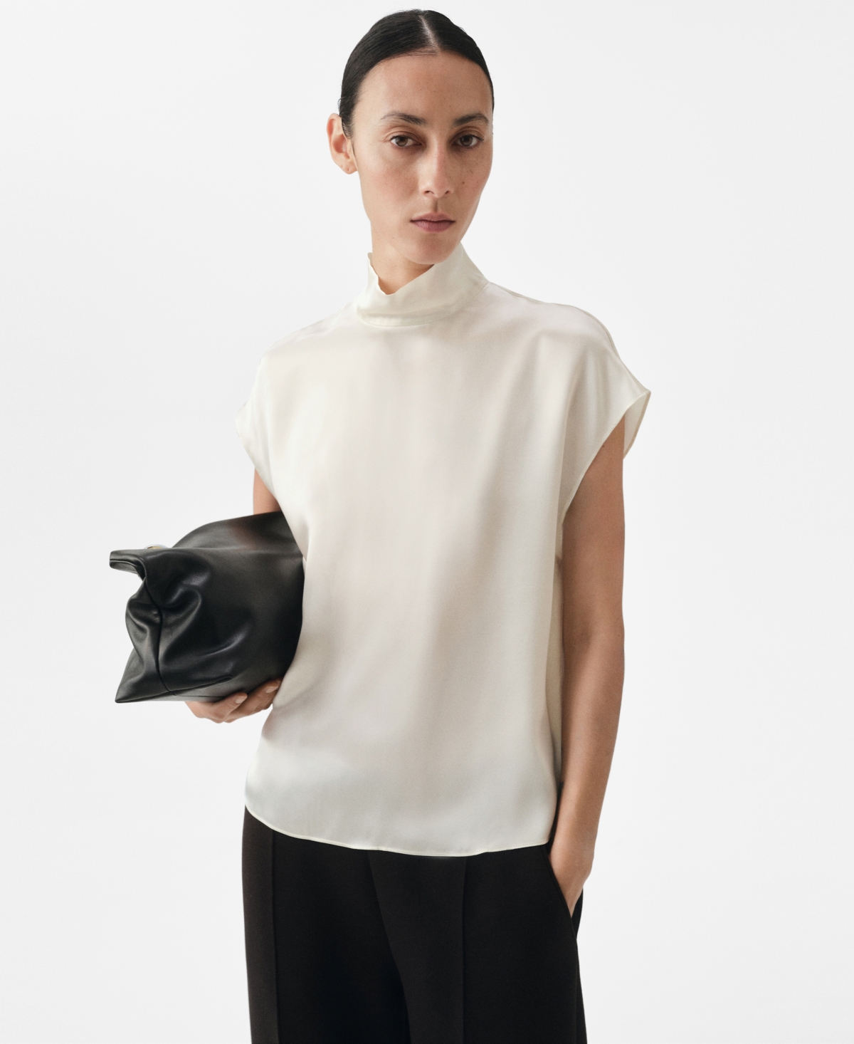 Click here for Mango Womens Silk Satin Turtleneck Blouse - Ecru prices