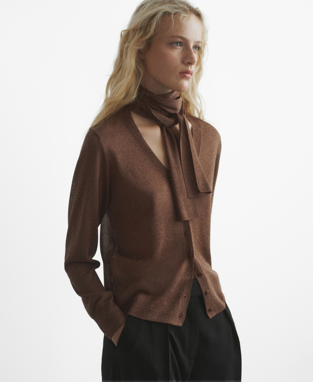 Click here for Mango Womens Foulard Fine-Knit Cardigan - Brown prices